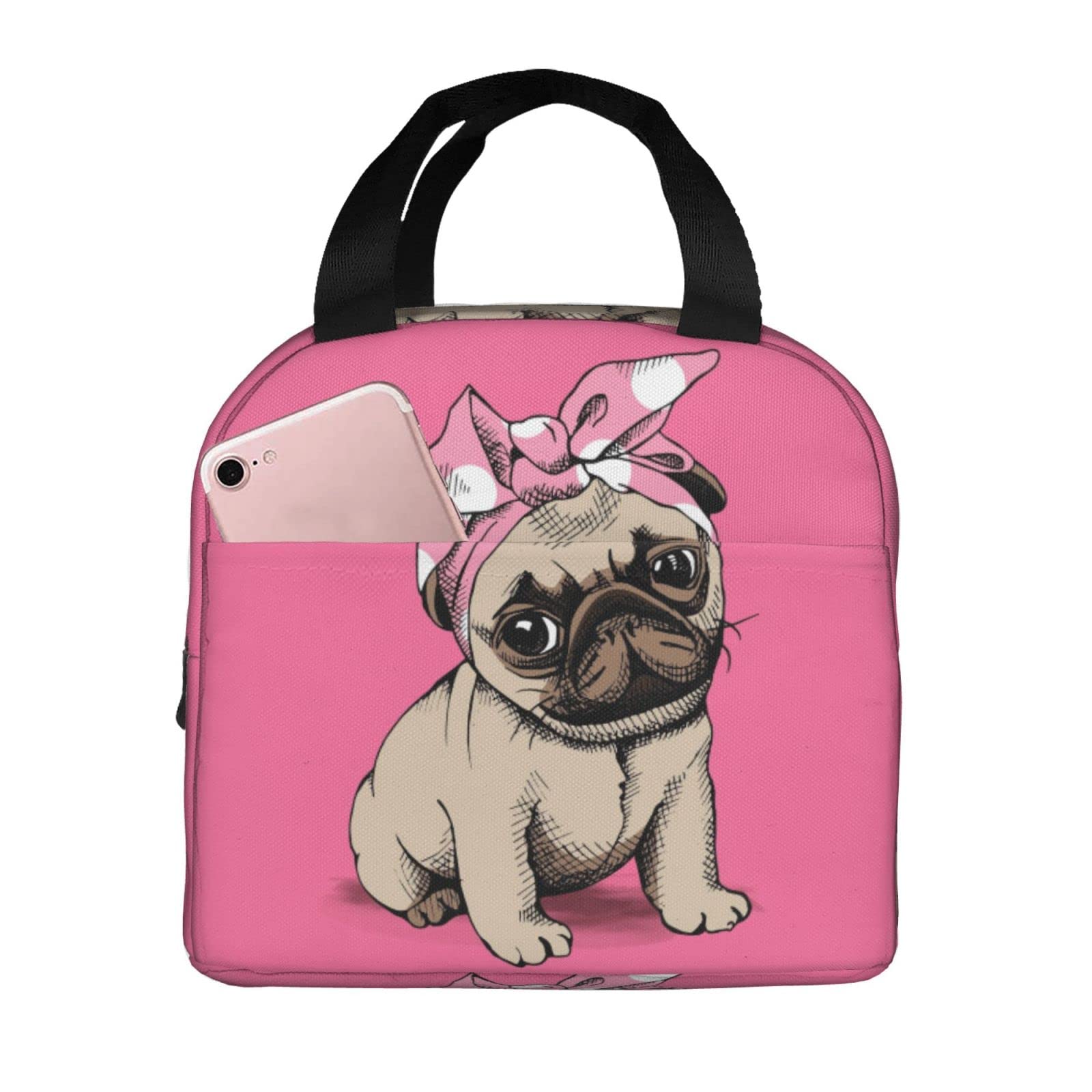 vlaxwaif Pug Dog Lunch Box Tote Lunch Bag Insulated Portable Meal Bag Handbags With Front Pocket For Women Men Girls Boys Suitable School Work Picnic