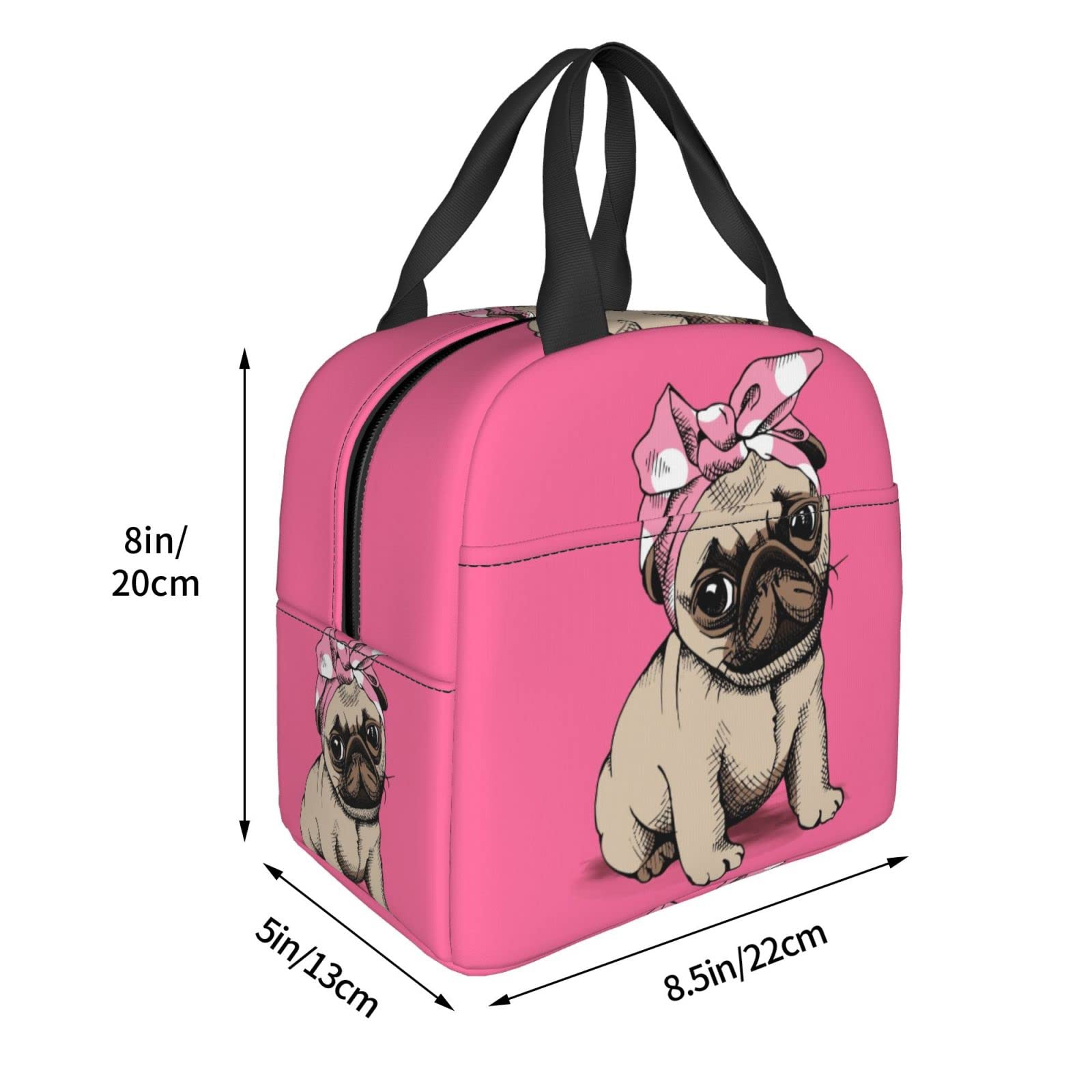 vlaxwaif Pug Dog Lunch Box Tote Lunch Bag Insulated Portable Meal Bag Handbags With Front Pocket For Women Men Girls Boys Suitable School Work Picnic