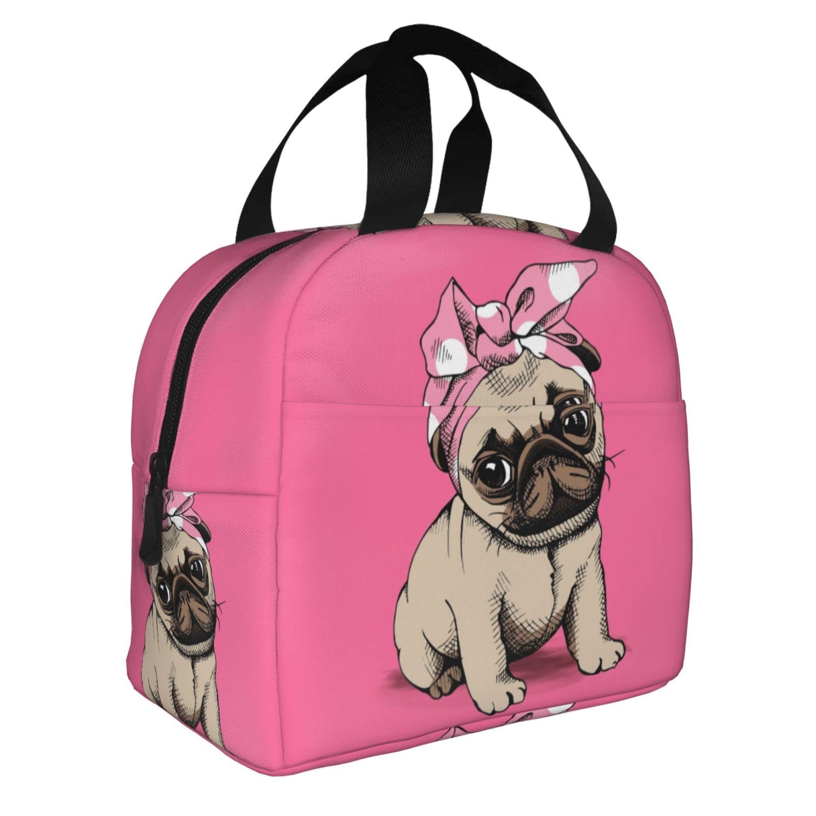 vlaxwaif Pug Dog Lunch Box Tote Lunch Bag Insulated Portable Meal Bag Handbags With Front Pocket For Women Men Girls Boys Suitable School Work Picnic