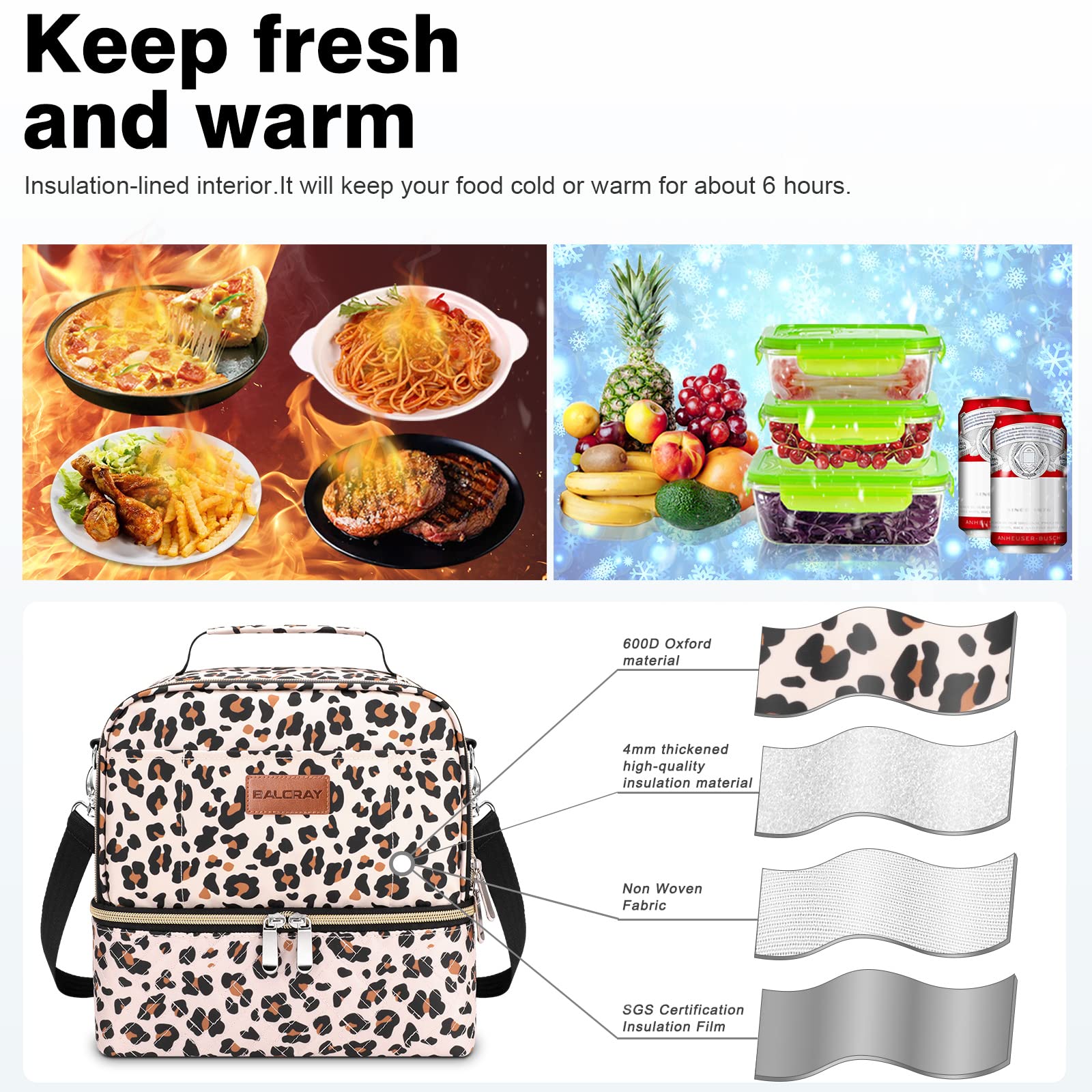 BALORAY Lunch Bag Women Men, Double Deck Lunch Box Insulated Lunch Bag for Adults Work Office Picnic, Leakproof Cooler Bag with Adjustable Shoulder Strap