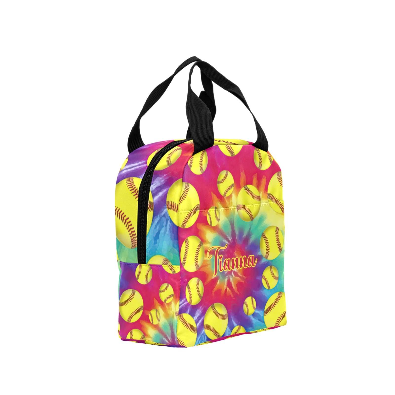 zaaprintblanket Custom Name Lunch Bag For Men Women Personalized Softball Tie Dyed Cooler Lunch Box Portable with Name for Gift Workout Camping