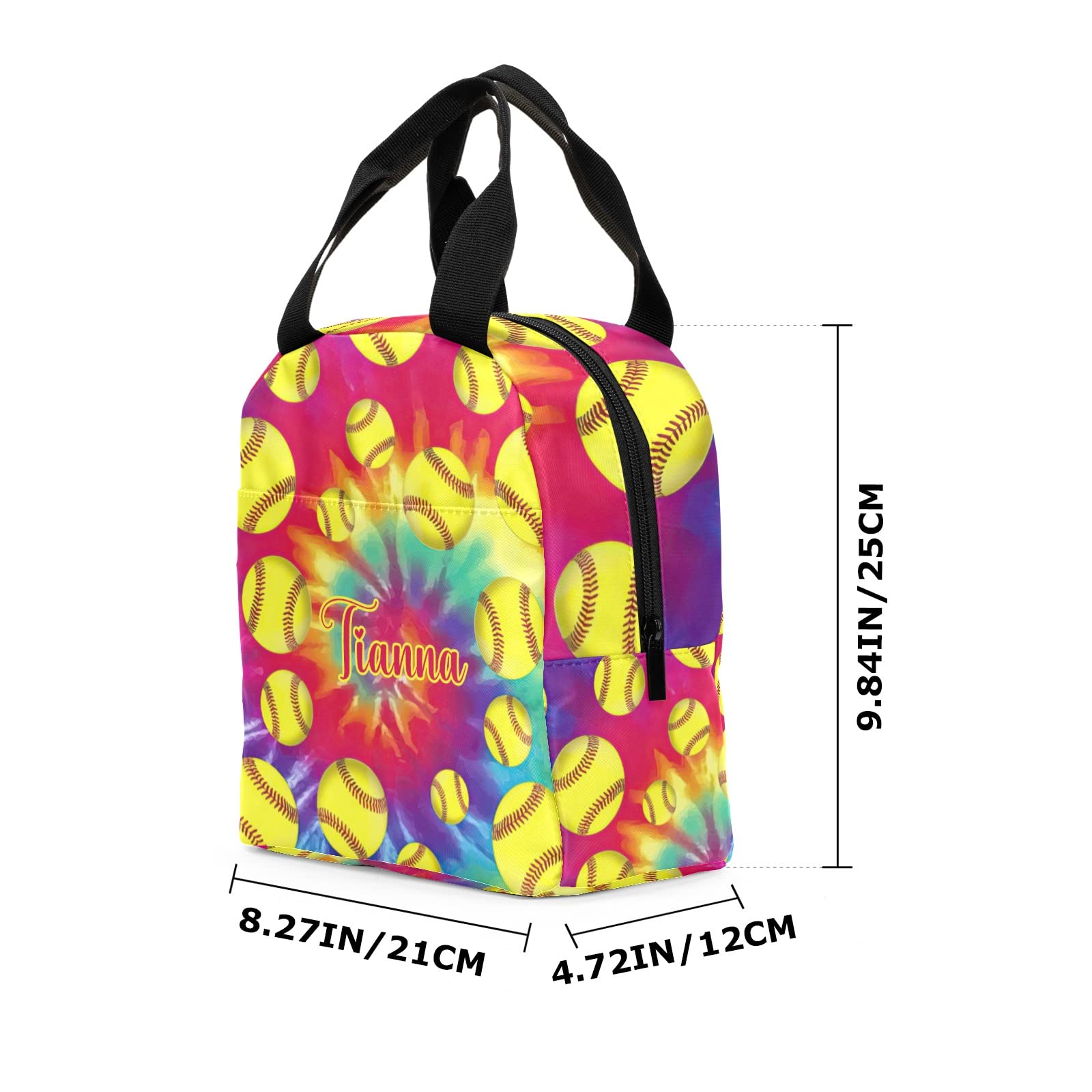 zaaprintblanket Custom Name Lunch Bag For Men Women Personalized Softball Tie Dyed Cooler Lunch Box Portable with Name for Gift Workout Camping