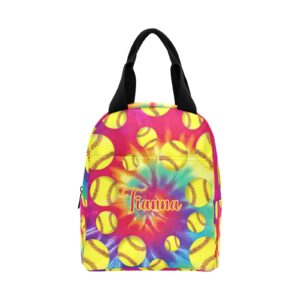 zaaprintblanket Custom Name Lunch Bag For Men Women Personalized Softball Tie Dyed Cooler Lunch Box Portable with Name for Gift Workout Camping