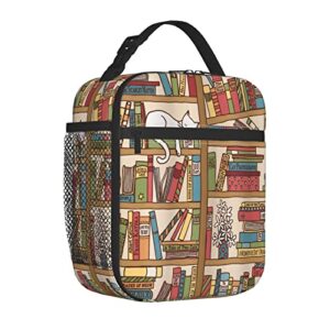 lizinna nerd book lover kitty sleeping over bookshelf library academics feline boho design reusable lunch bag