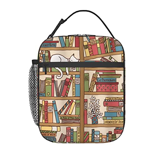 Lizinna Nerd Book Lover Kitty Sleeping Over Bookshelf Library Academics Feline Boho Design Reusable Lunch Bag