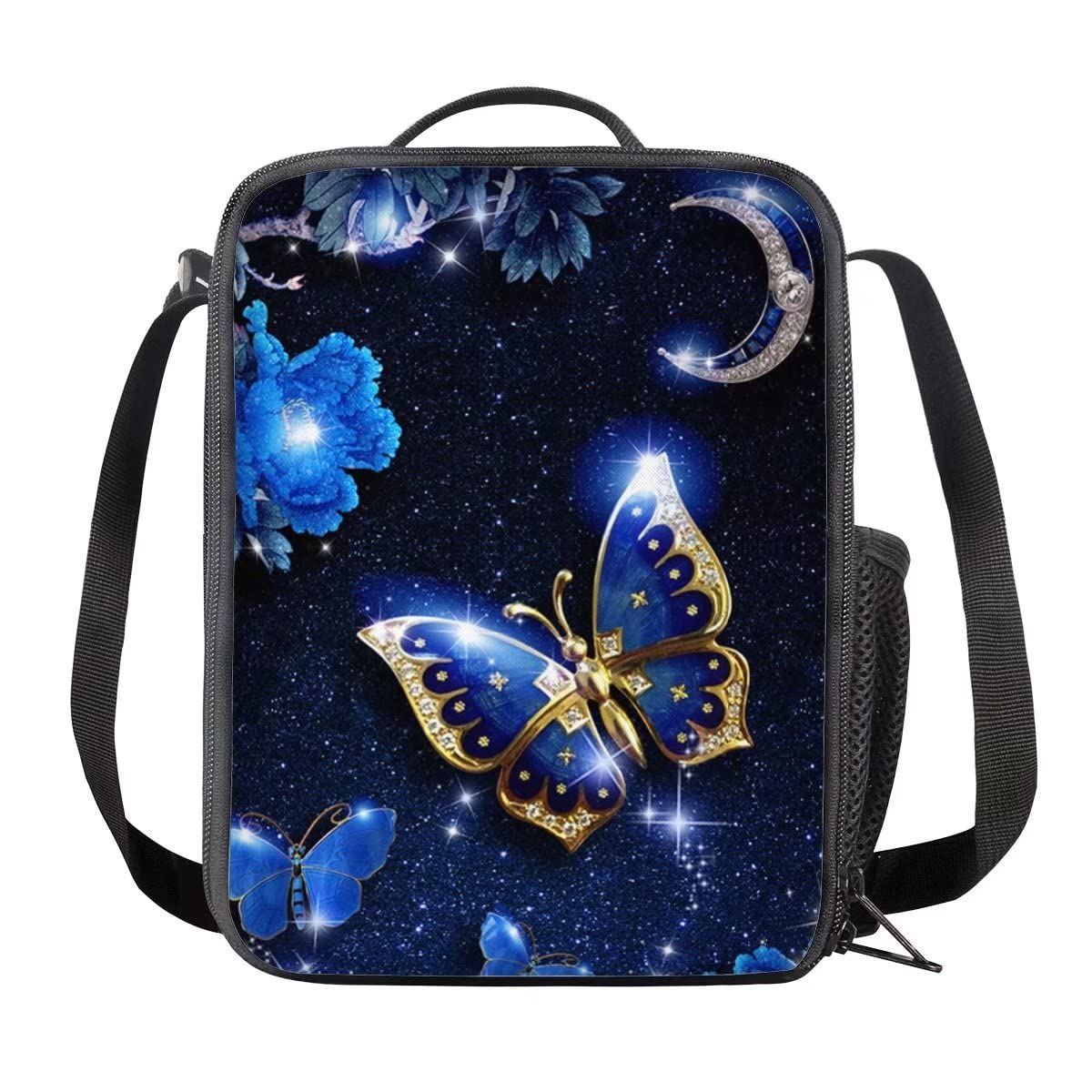 Pensura Butterfly Print Lunch Tote Bags for Girls Kids Lunch Bags Insulated with Adjustable Shoulder Strap Reusable Lunch Boxes Meal Pack Blue