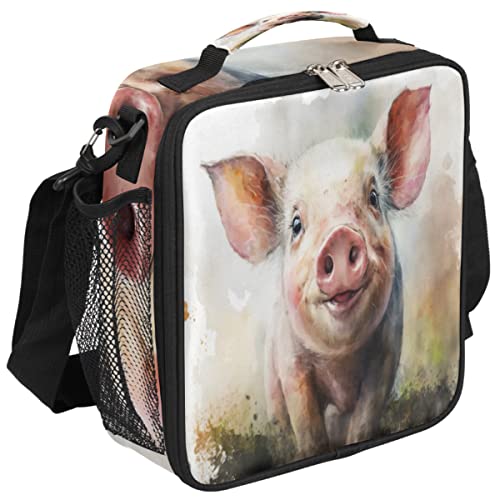 cfpolar Insulated Lunch Bag, Retro Cute Piggy Lunch Box Wide Opened Tote Reusable Lunch Container Organizer Thermal Cooler Bag with Shoulder Strap for School Office Picnic Hiking Beach Fishing