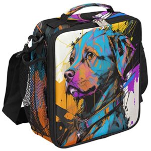 insulated lunch bag, abstract cool animal dog lunch box wide opened tote reusable lunch container organizer thermal cooler bag with shoulder strap for school office picnic hiking beach fishing