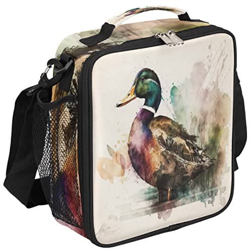 cfpolar Insulated Lunch Bag, Retro Watercolor Duck Lunch Box Wide Opened Tote Reusable Lunch Container Organizer Thermal Cooler Bag with Shoulder Strap for School Office Picnic Hiking Beach Fishing