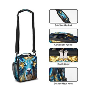 cfpolar Insulated Lunch Bag, Ethnic Style Cow Lunch Box Wide Opened Tote Reusable Lunch Container Organizer Thermal Cooler Bag with Shoulder Strap for School Office Picnic Hiking Beach Fishing