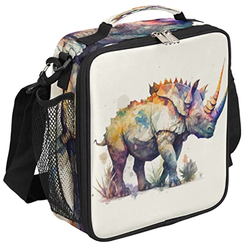 Insulated Lunch Bag, Watercolor Animal Triceratops Lunch Box Wide Opened Tote Reusable Lunch Container Organizer Thermal Cooler Bag with Shoulder Strap for School Office Picnic Hiking Beach Fishing