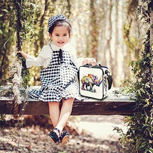 Insulated Lunch Bag, Watercolor Animal Triceratops Lunch Box Wide Opened Tote Reusable Lunch Container Organizer Thermal Cooler Bag with Shoulder Strap for School Office Picnic Hiking Beach Fishing