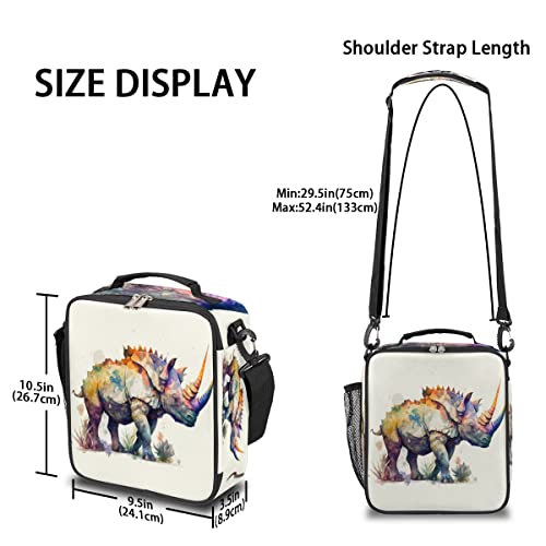 Insulated Lunch Bag, Watercolor Animal Triceratops Lunch Box Wide Opened Tote Reusable Lunch Container Organizer Thermal Cooler Bag with Shoulder Strap for School Office Picnic Hiking Beach Fishing