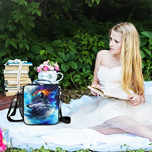 cfpolar Insulated Lunch Bag, Space Fire Wolf Lunch Box Wide Opened Tote Reusable Lunch Container Organizer Thermal Cooler Bag with Shoulder Strap for School Office Picnic Hiking Beach Fishing