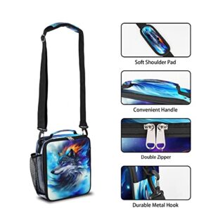 cfpolar Insulated Lunch Bag, Space Fire Wolf Lunch Box Wide Opened Tote Reusable Lunch Container Organizer Thermal Cooler Bag with Shoulder Strap for School Office Picnic Hiking Beach Fishing