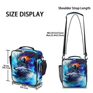 cfpolar Insulated Lunch Bag, Space Fire Wolf Lunch Box Wide Opened Tote Reusable Lunch Container Organizer Thermal Cooler Bag with Shoulder Strap for School Office Picnic Hiking Beach Fishing