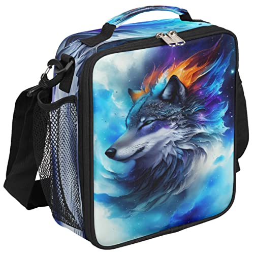 cfpolar Insulated Lunch Bag, Space Fire Wolf Lunch Box Wide Opened Tote Reusable Lunch Container Organizer Thermal Cooler Bag with Shoulder Strap for School Office Picnic Hiking Beach Fishing