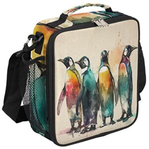 cfpolar insulated lunch bag, watercolor penguin herd lunch box wide opened tote reusable lunch container organizer thermal cooler bag with shoulder strap for school office picnic hiking beach fishing