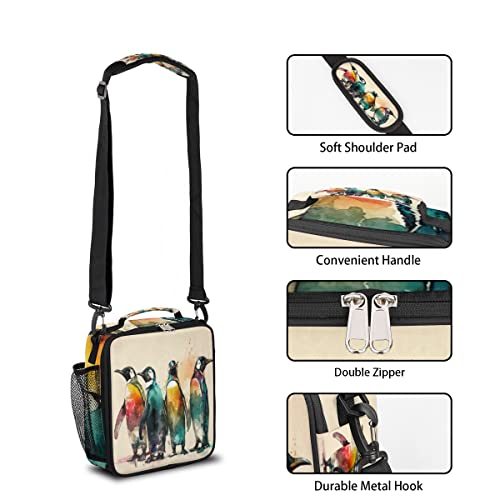 cfpolar Insulated Lunch Bag, Watercolor Penguin Herd Lunch Box Wide Opened Tote Reusable Lunch Container Organizer Thermal Cooler Bag with Shoulder Strap for School Office Picnic Hiking Beach Fishing