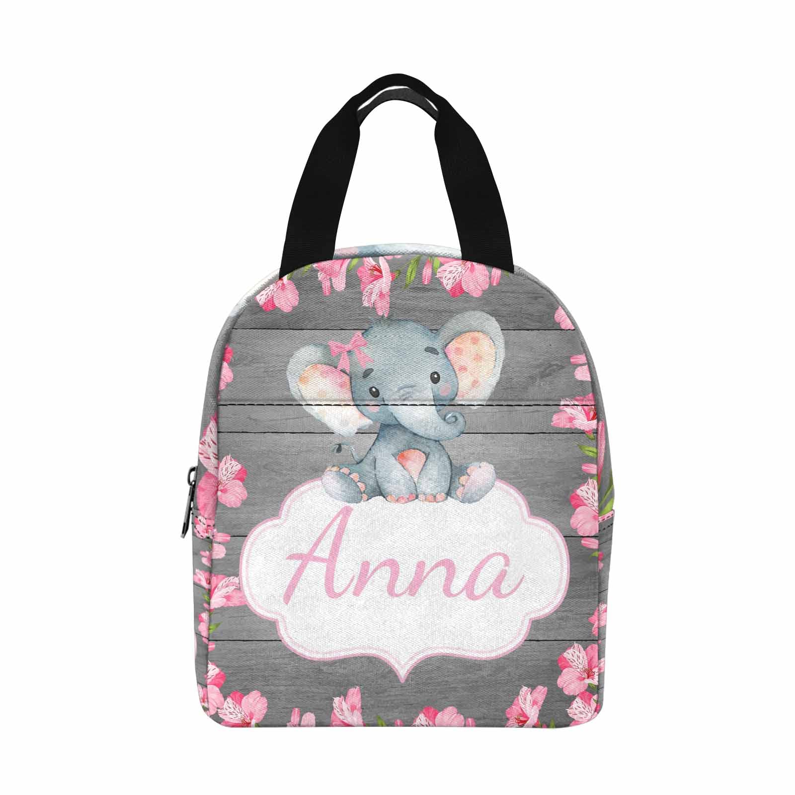 InterestPrint Custom Name Lunch Box Pink Animal Wooden Personalized Text Tote Lunch Bag Customized Lunch Holder for Travel Work Camper