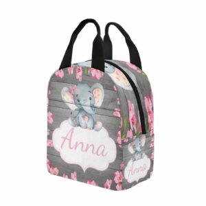 InterestPrint Custom Name Lunch Box Pink Animal Wooden Personalized Text Tote Lunch Bag Customized Lunch Holder for Travel Work Camper