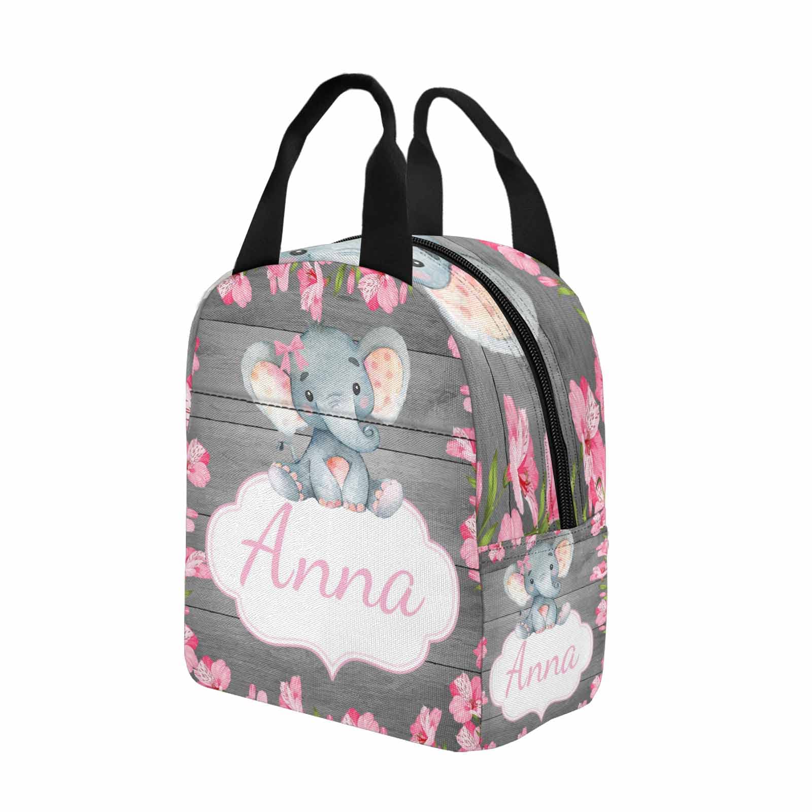 InterestPrint Custom Name Lunch Box Pink Animal Wooden Personalized Text Tote Lunch Bag Customized Lunch Holder for Travel Work Camper