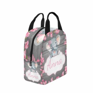 InterestPrint Custom Name Lunch Box Pink Animal Wooden Personalized Text Tote Lunch Bag Customized Lunch Holder for Travel Work Camper