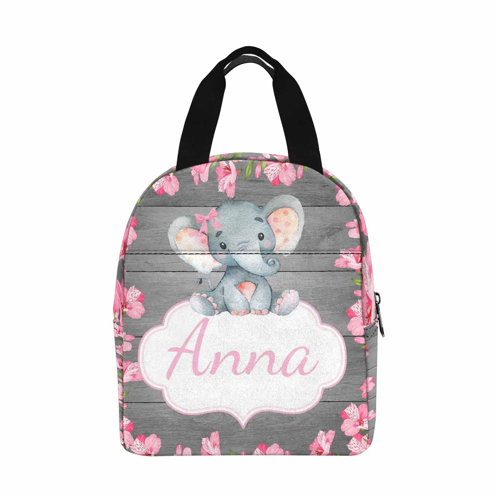 InterestPrint Custom Name Lunch Box Pink Animal Wooden Personalized Text Tote Lunch Bag Customized Lunch Holder for Travel Work Camper