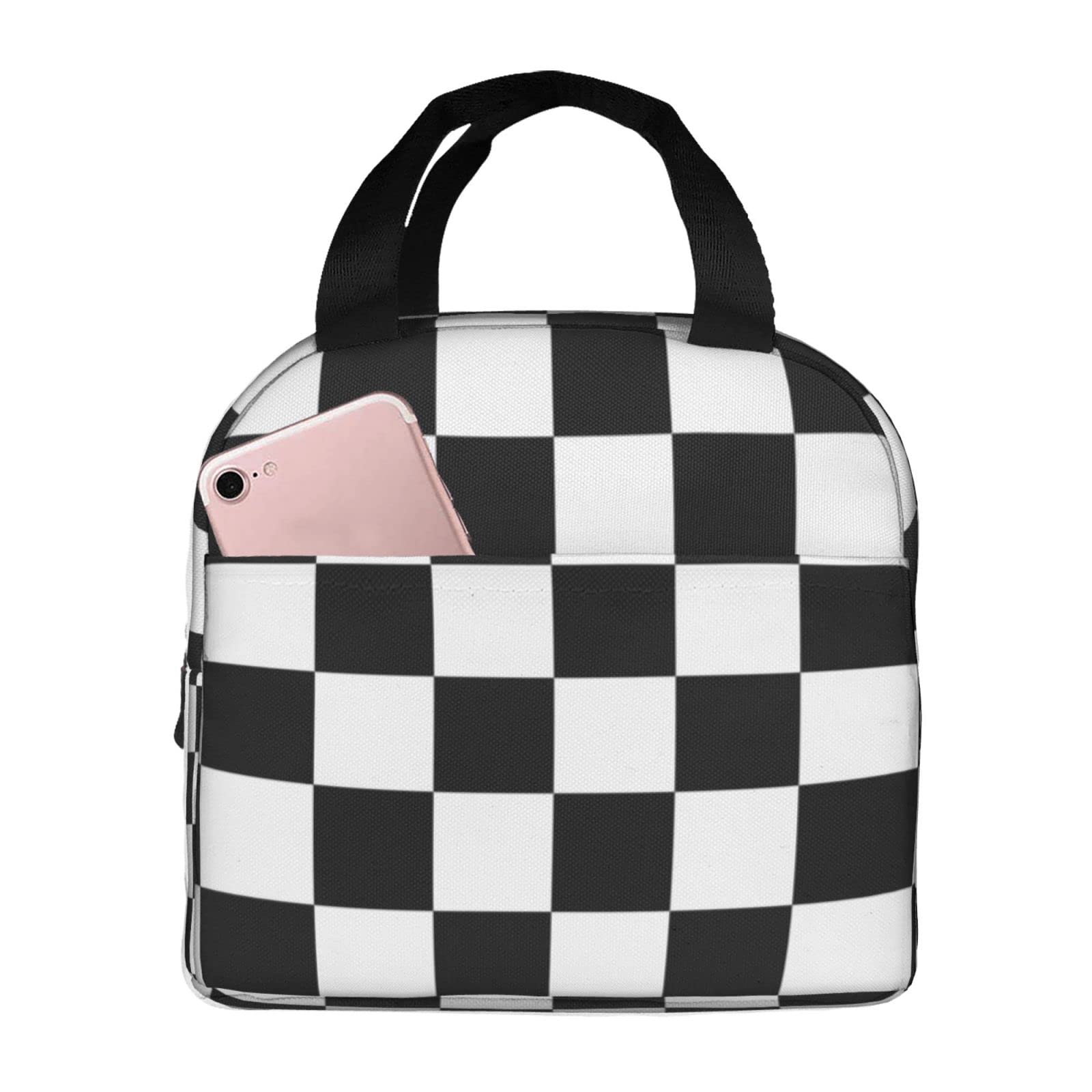 White Checkered Lunch Box Bento Box Insulated Lunch Boxes Reusable Waterproof Lunch Bag With Front Pocket For Travel Office Picnic