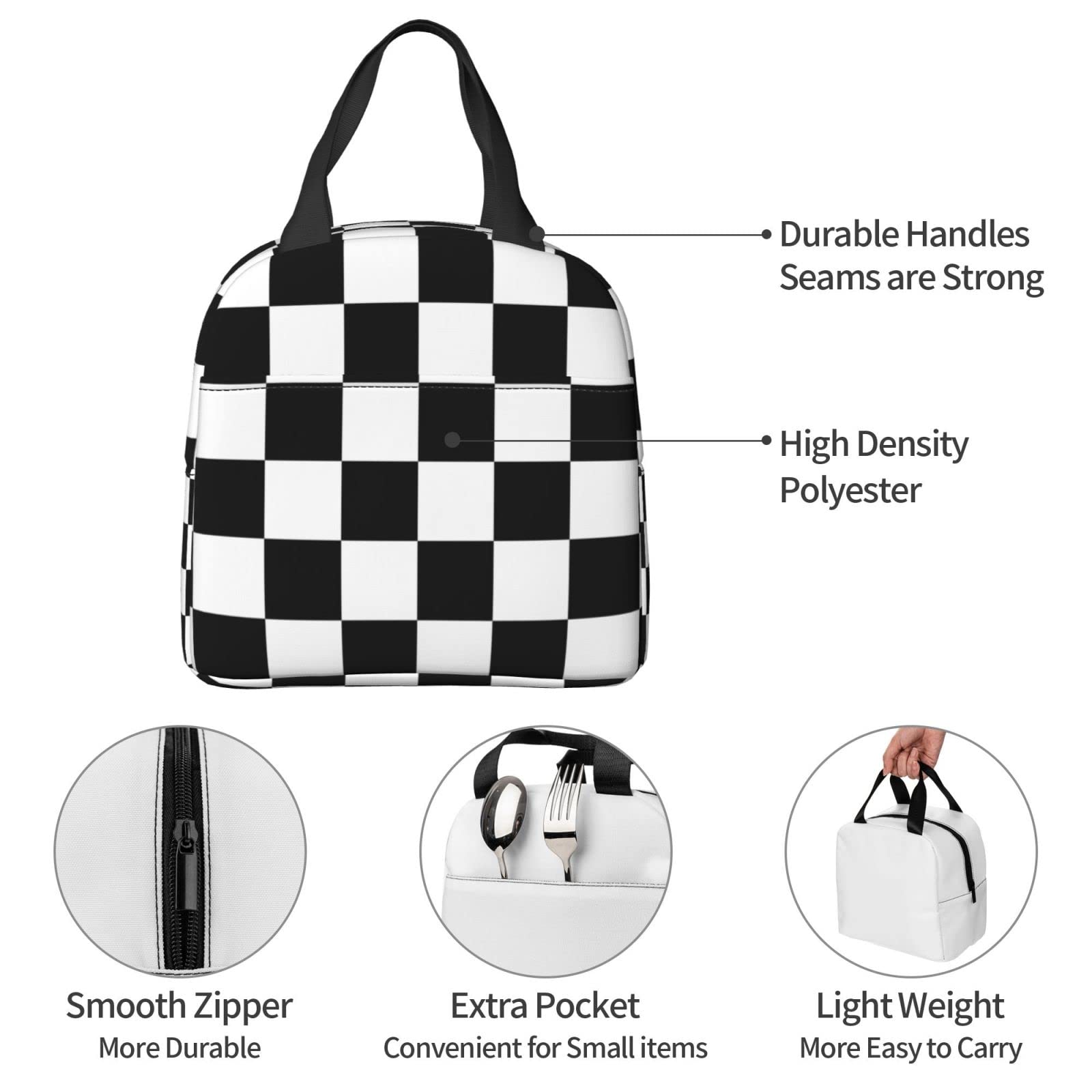 White Checkered Lunch Box Bento Box Insulated Lunch Boxes Reusable Waterproof Lunch Bag With Front Pocket For Travel Office Picnic