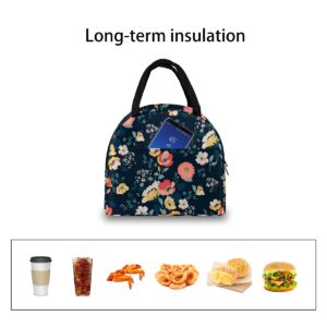 Flower Lunch Bag Tote Bag Leakproof Cooler Bag Floral Lunch Box with Front Pocket Water-resistant Thermal Lunch Bags Organizer Lunch Holder for women/Picnic/Hiking/Beach/Work