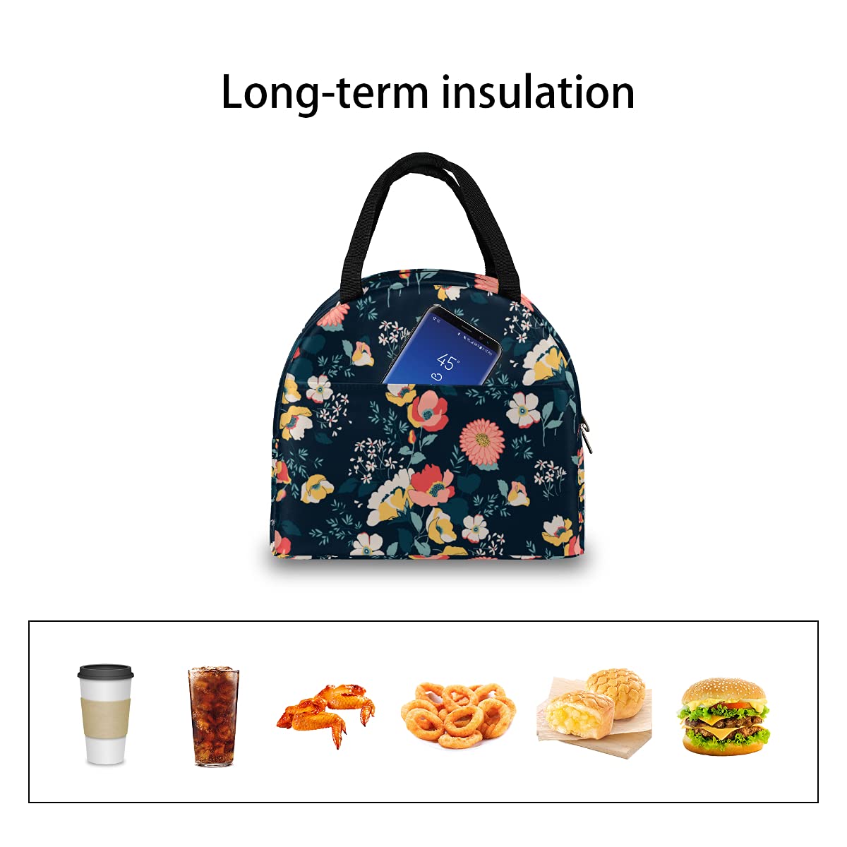 Flower Lunch Bag Tote Bag Leakproof Cooler Bag Floral Lunch Box with Front Pocket Water-resistant Thermal Lunch Bags Organizer Lunch Holder for women/Picnic/Hiking/Beach/Work