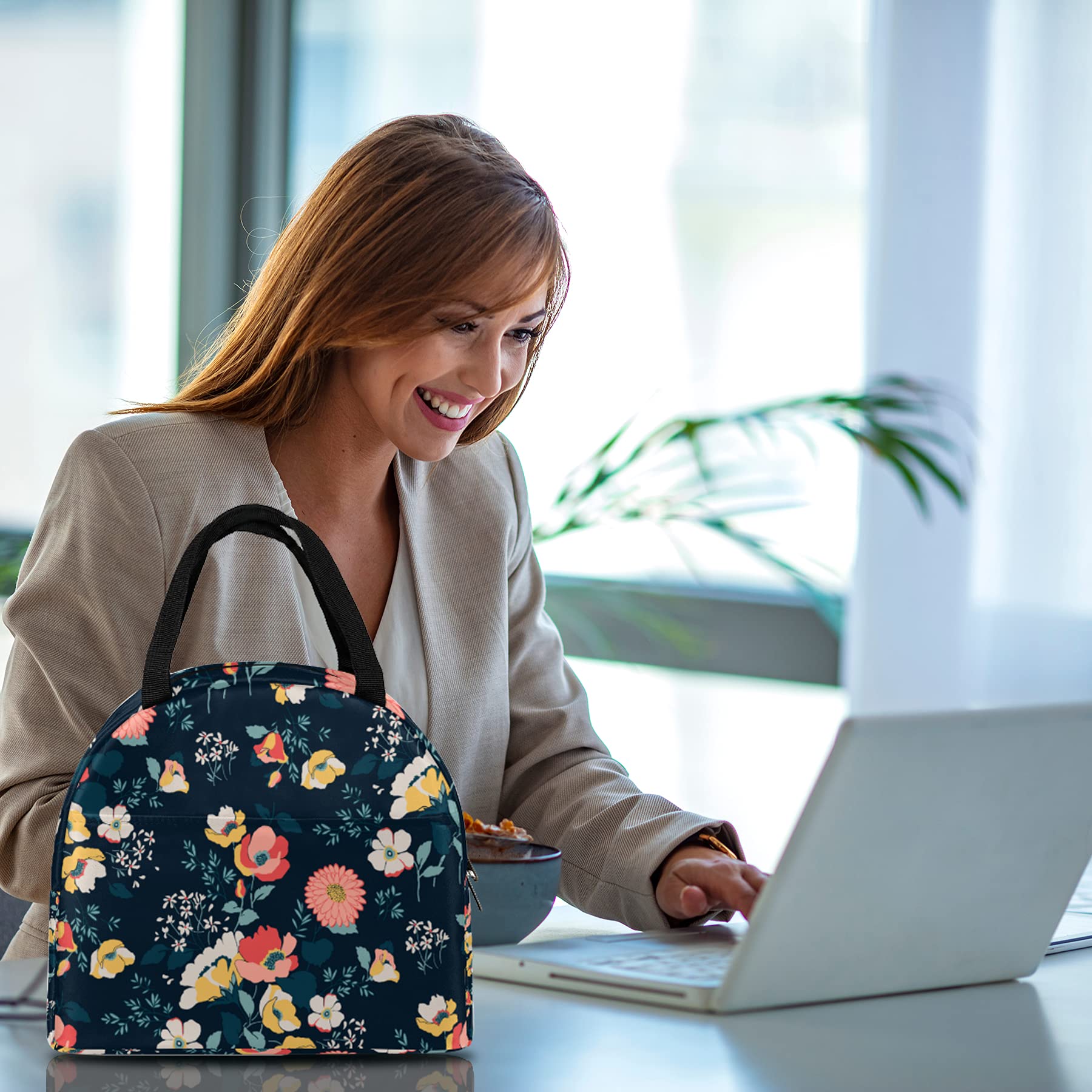 Flower Lunch Bag Tote Bag Leakproof Cooler Bag Floral Lunch Box with Front Pocket Water-resistant Thermal Lunch Bags Organizer Lunch Holder for women/Picnic/Hiking/Beach/Work