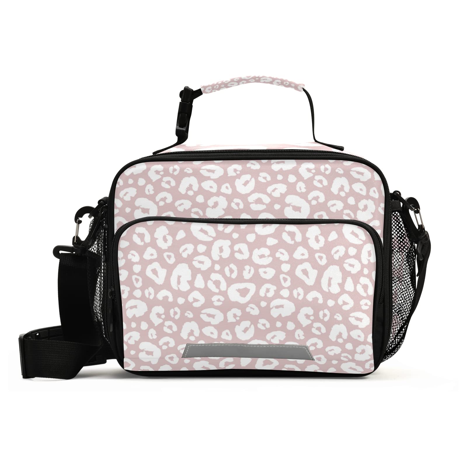 Qilmy Lunch Bag Pink Leopard Insulated Lunch Box Cooler Tote Removable Shoulder Strap Meal Picnic Bags for Outdoor School Travel Office Work