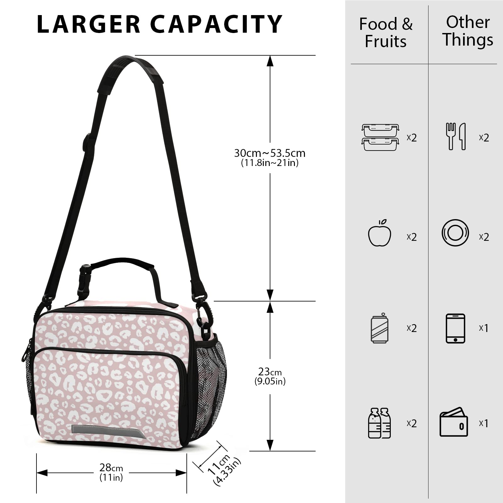 Qilmy Lunch Bag Pink Leopard Insulated Lunch Box Cooler Tote Removable Shoulder Strap Meal Picnic Bags for Outdoor School Travel Office Work