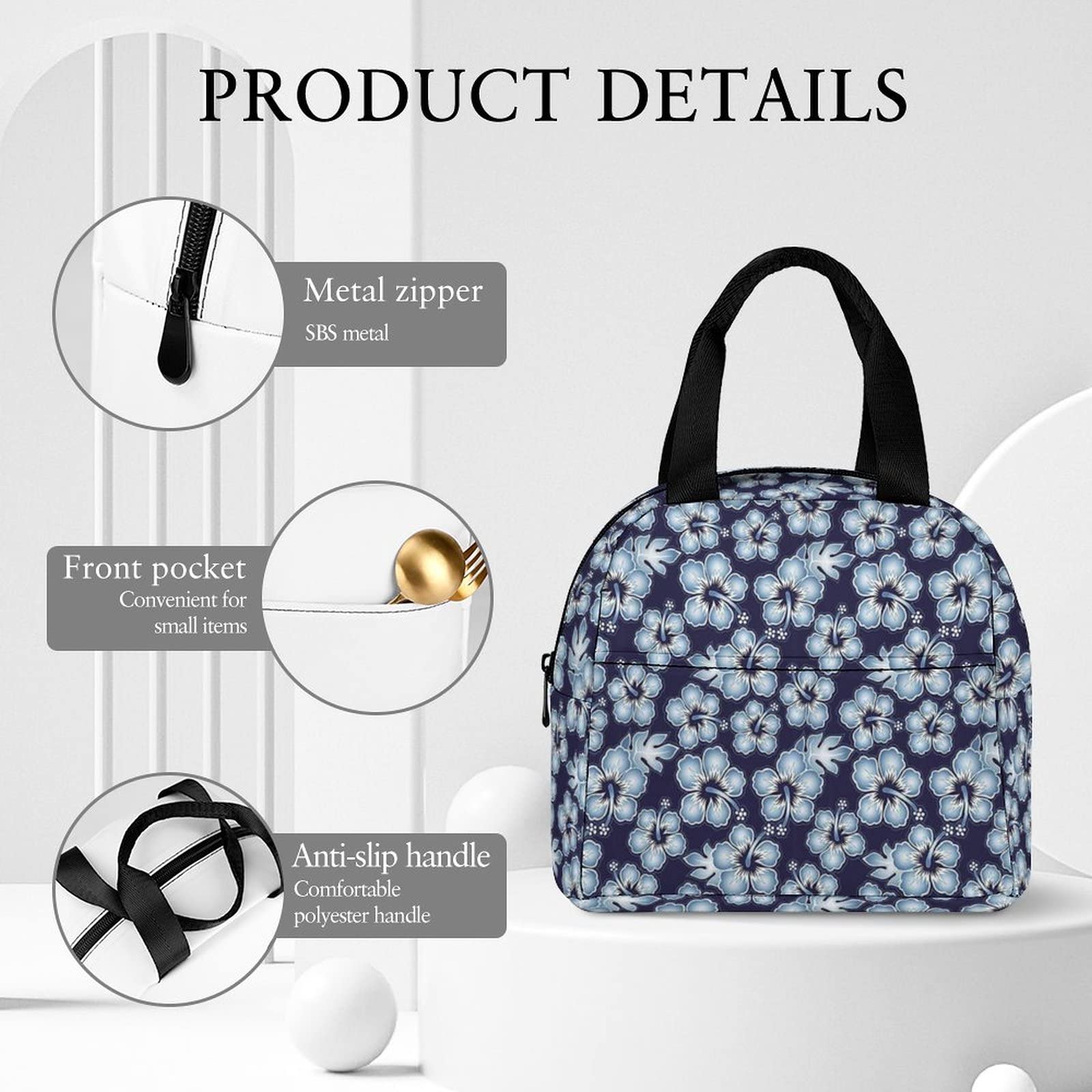 Hawaiian Flowers Insulated Lunch Bag Reusable Bento Box Cooler Tote Leakproof Containers with Ice Packs for Women Men