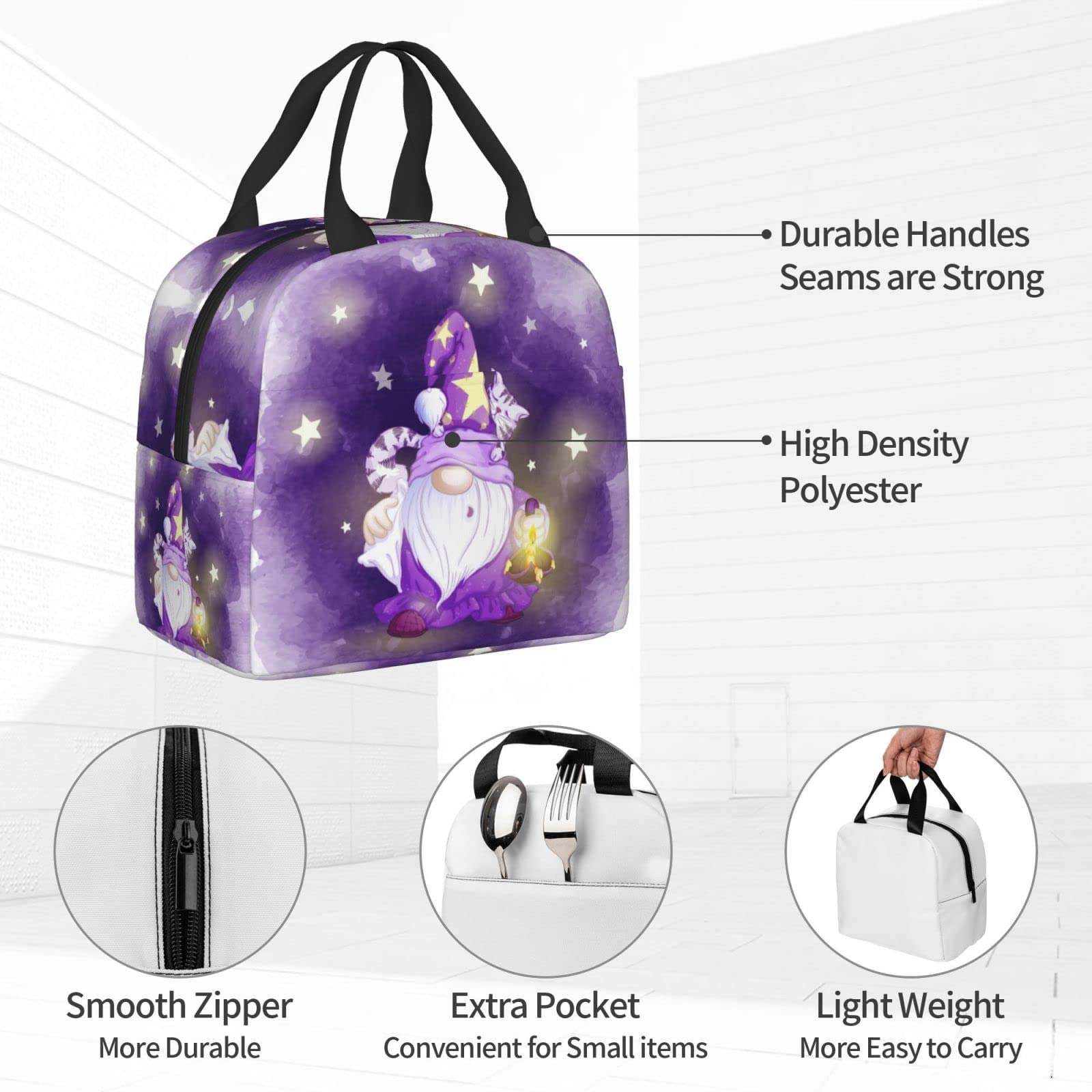 PrelerDIY Sleepy Gnome Purple Lunch Box - Insulated Lunch Bags for Kids Boys Girls Reusable Lunch Tote Bags, Perfect for School/Camping/Hiking/Picnic/Beach/Travel