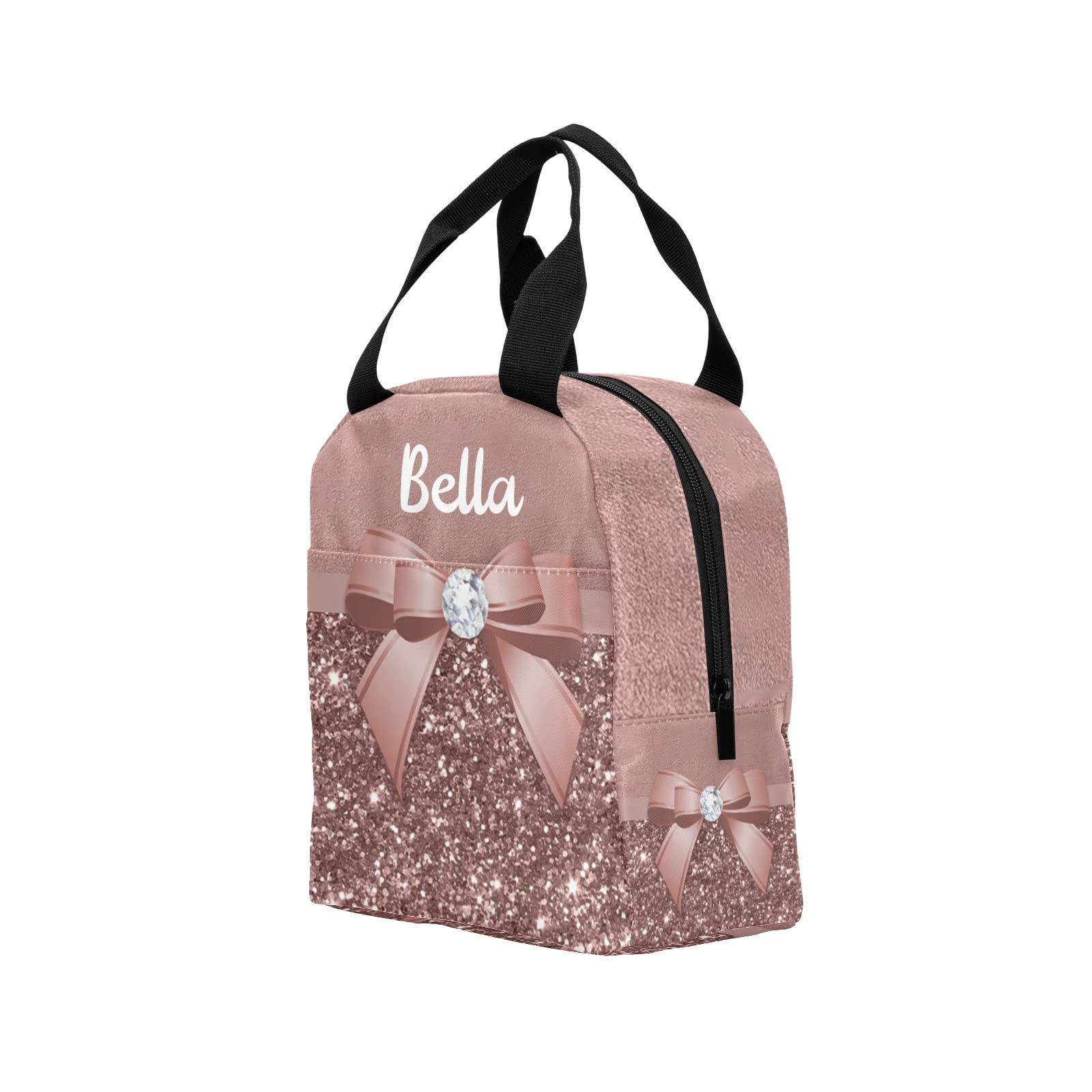 XOZOTY Personalized Rose Gold Diamond Bow Print Lunch Bags with Name Portable Reusable Insulated Lunch Box for School Work Office