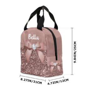 XOZOTY Personalized Rose Gold Diamond Bow Print Lunch Bags with Name Portable Reusable Insulated Lunch Box for School Work Office