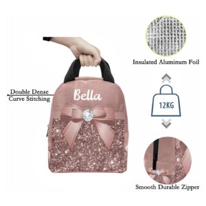 XOZOTY Personalized Rose Gold Diamond Bow Print Lunch Bags with Name Portable Reusable Insulated Lunch Box for School Work Office