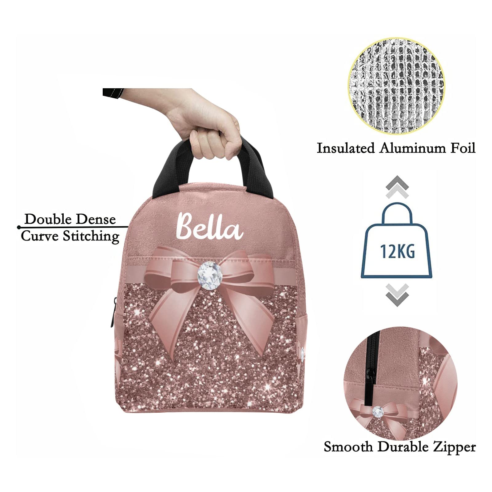 XOZOTY Personalized Rose Gold Diamond Bow Print Lunch Bags with Name Portable Reusable Insulated Lunch Box for School Work Office