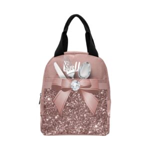 XOZOTY Personalized Rose Gold Diamond Bow Print Lunch Bags with Name Portable Reusable Insulated Lunch Box for School Work Office