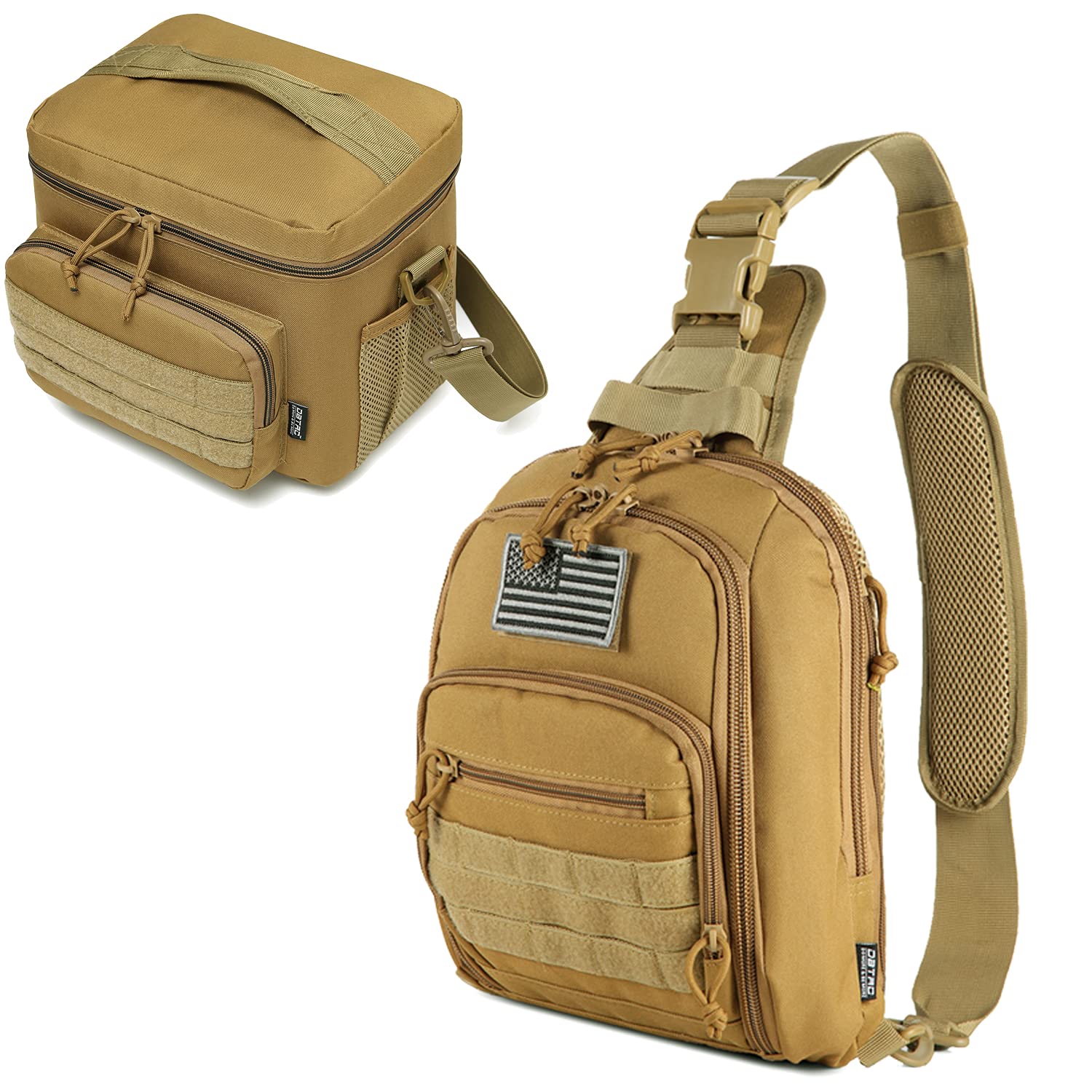 DBTAC Tactical Concealed Carry Sling Bag (Tan) + Tactical Lunch Bag (Tan), Durable Material with adjustable shoulder strap, Multi-functional Design