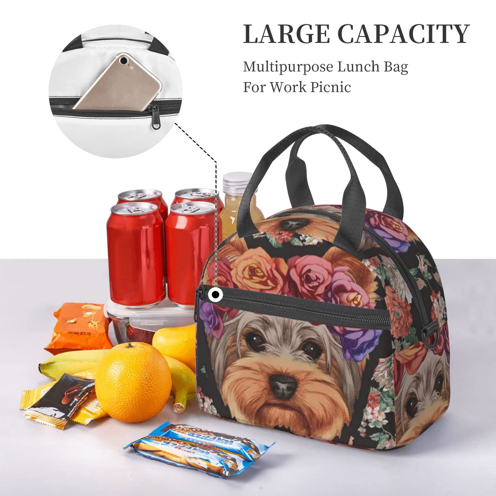 NHGFVT Lunch Bag For Women/Men Cooler Tote Bag Freezable Yorkie Dog Floral Lunch Box With Adjustable Shoulder Strap