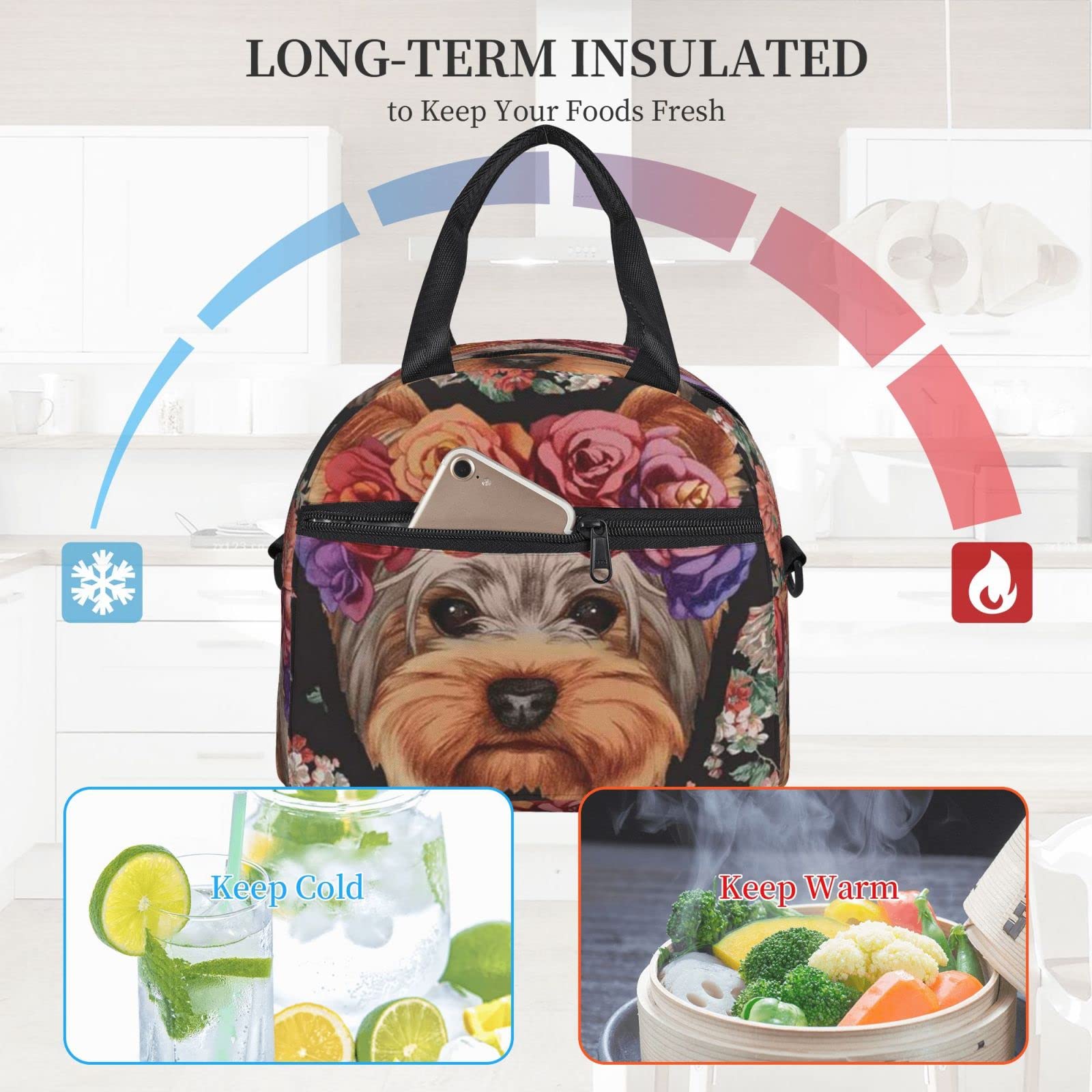 NHGFVT Lunch Bag For Women/Men Cooler Tote Bag Freezable Yorkie Dog Floral Lunch Box With Adjustable Shoulder Strap