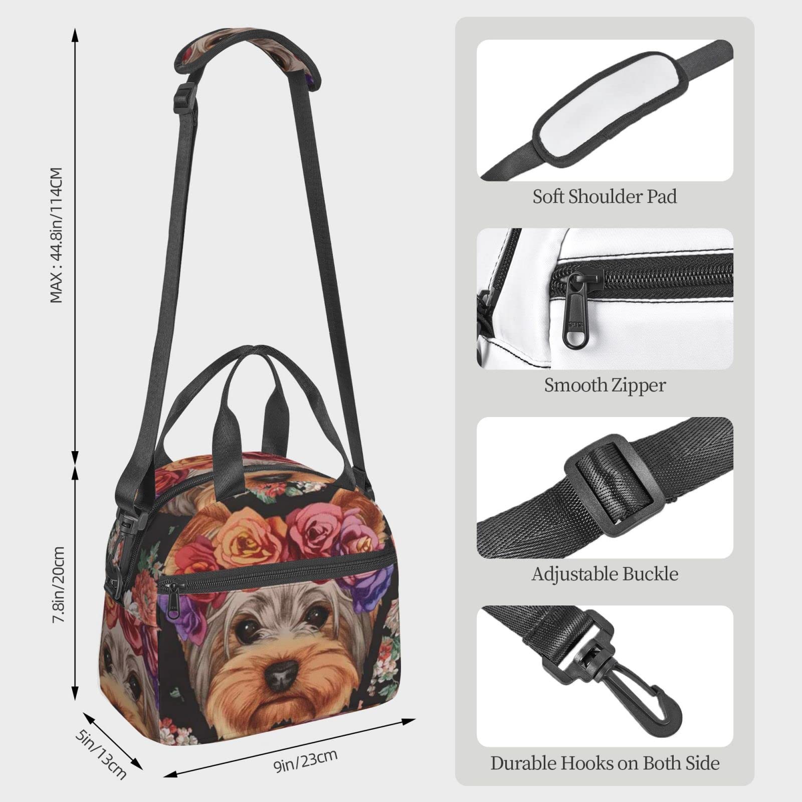 NHGFVT Lunch Bag For Women/Men Cooler Tote Bag Freezable Yorkie Dog Floral Lunch Box With Adjustable Shoulder Strap