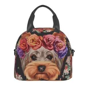 NHGFVT Lunch Bag For Women/Men Cooler Tote Bag Freezable Yorkie Dog Floral Lunch Box With Adjustable Shoulder Strap