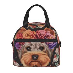 NHGFVT Lunch Bag For Women/Men Cooler Tote Bag Freezable Yorkie Dog Floral Lunch Box With Adjustable Shoulder Strap