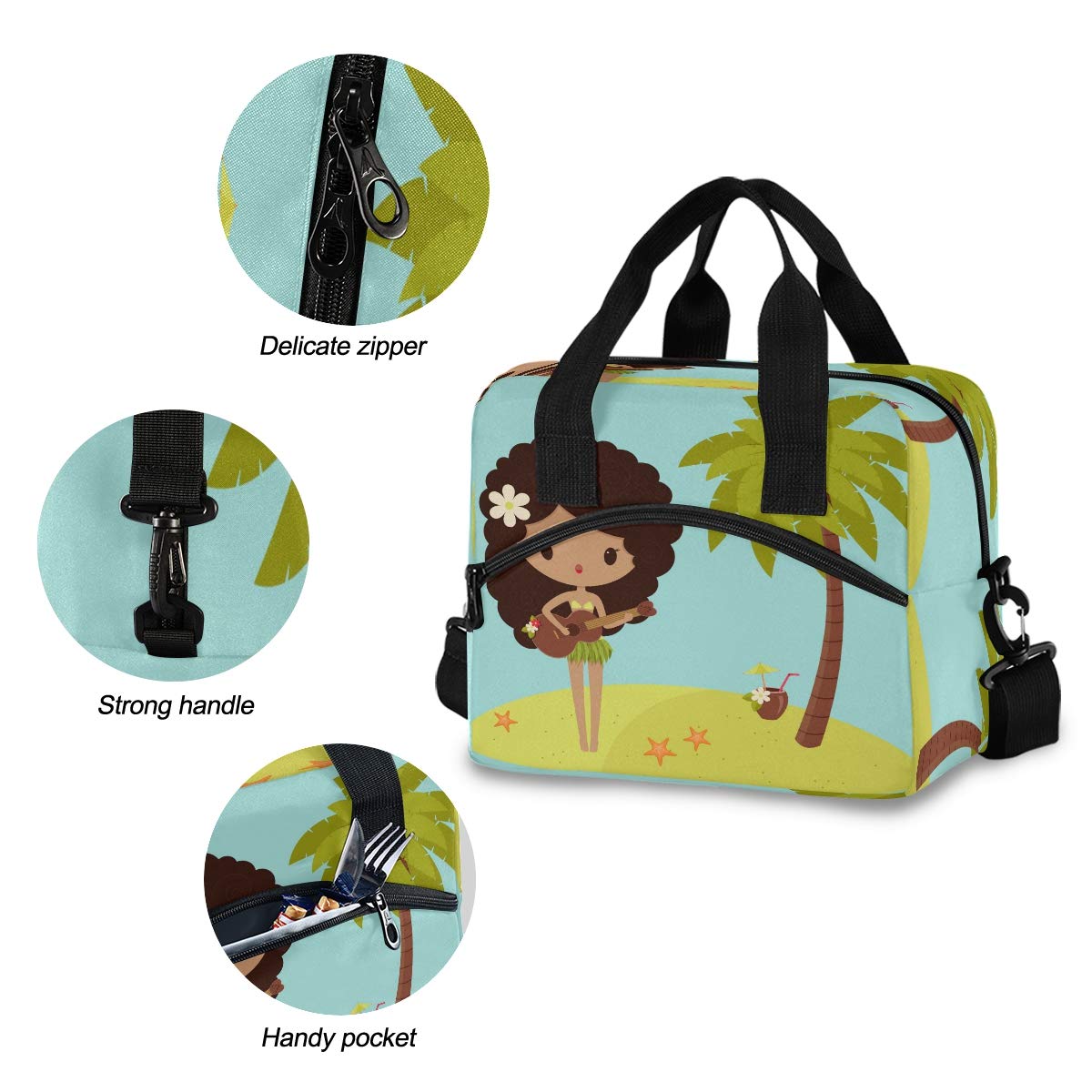 SUABO Lunch Bag for Women Men Hawaiian Hula Dancer Lunch Tote Bag with Shoulder Strap, Insulated Cooler Bag for Work, Picnic