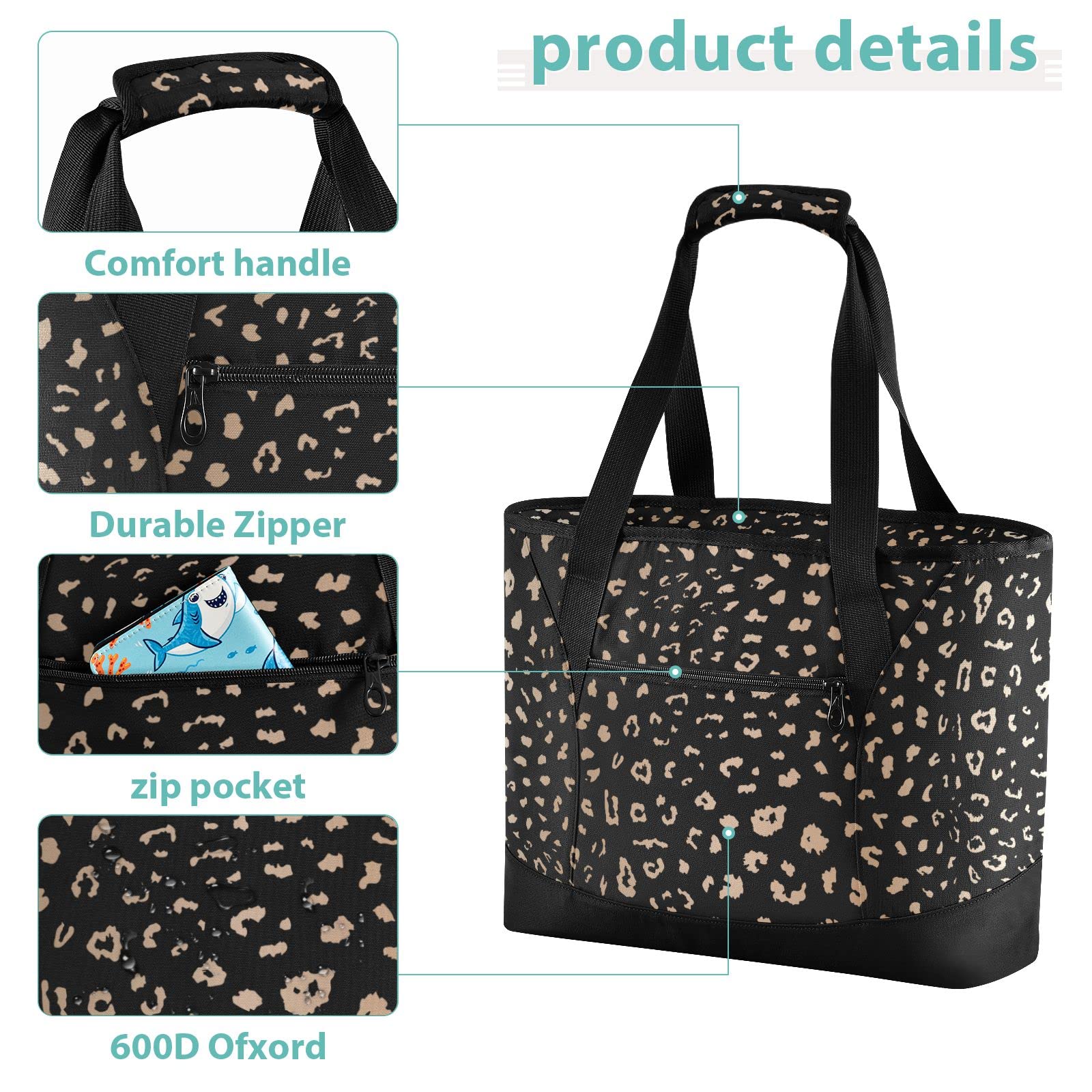 ALAZA Leopard Spot on Black Background Cooler Bag Insulated Lunch Bag for Women Men, Reusable Leakproof Cooler Tote Shoulder Bag for Picnic Camping Work Office Beach